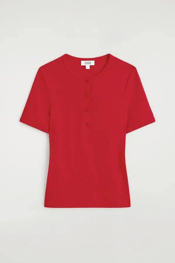 Cos Ribbed Henley T-shirt - Red