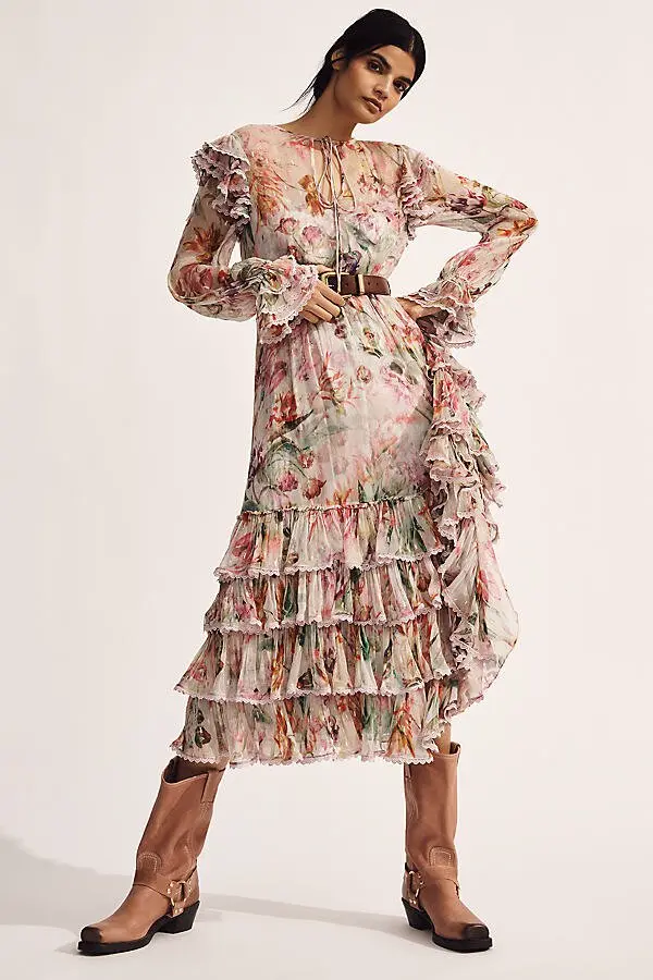 sachin and babi light blue dress Provence Bloom Tiered Midi Dress Floral Yellow