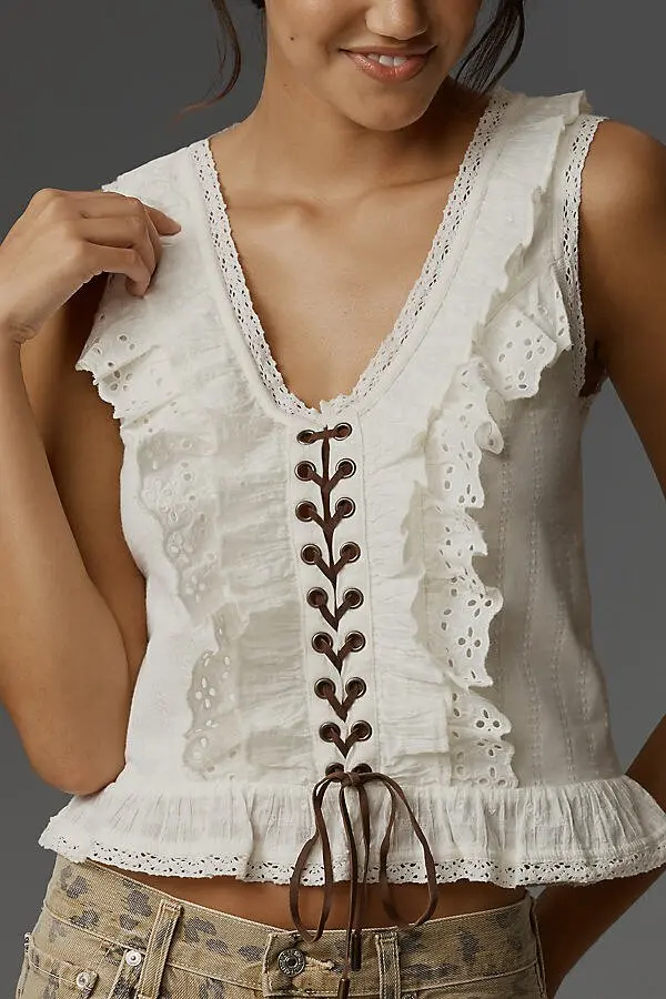 PILCRO Eyelet Ruffle Tank Top