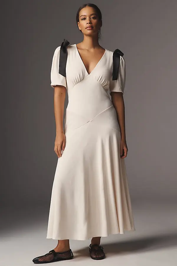 knee length dresses for ladies Ciela Bow Puff Sleeve Midi Dress