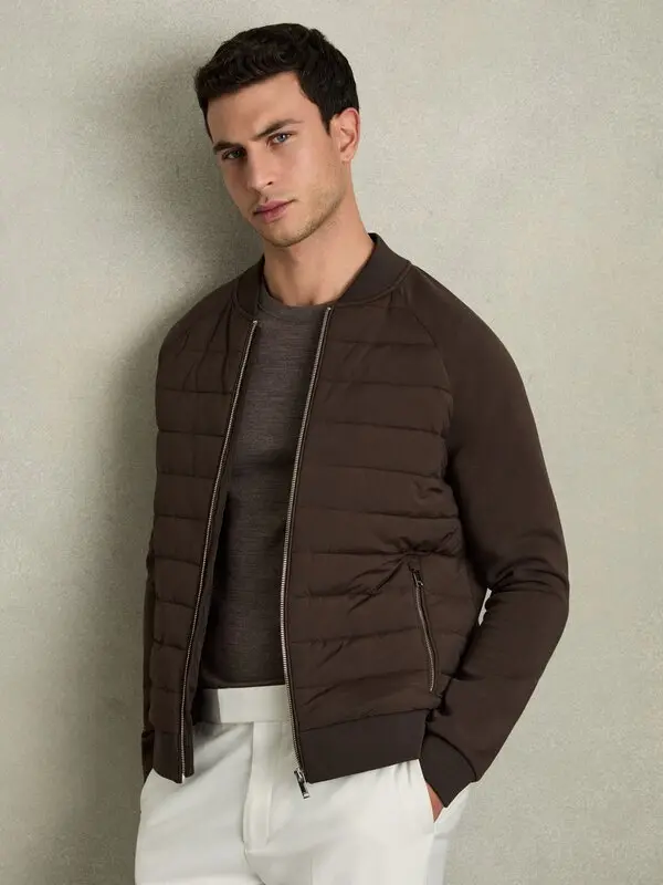 REISS Rochdale Hybrid Quilt Bomber Jacket - Dark Chocolate