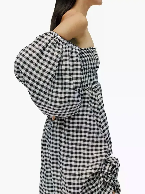 Sleeper Atlanta Checked Off-shoulder Dress