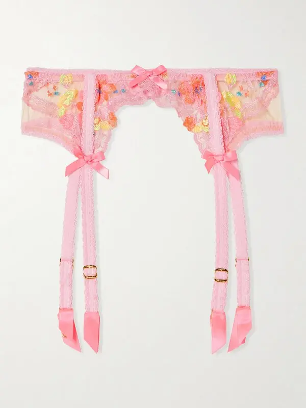 Agent Provocateur Rixie Embroidered Tulle Suspender Belt - Pink