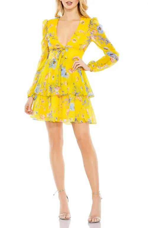 Mac Duggal Floral Chiffon Mini Dress - Yellow Multi