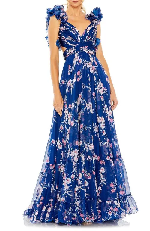 Mac Duggal Ruffle Tiered Floral Cut-out Chiffon Gown - Blue Multi