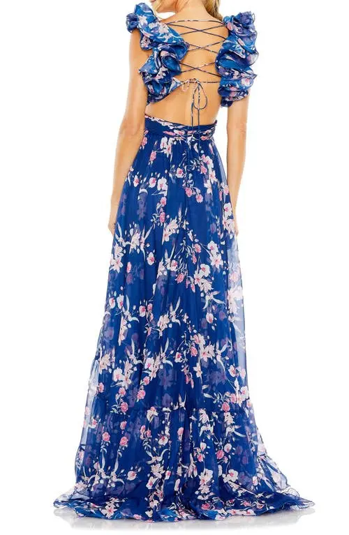Mac Duggal Ruffle Tiered Floral Cut-out Chiffon Gown - Blue Multi