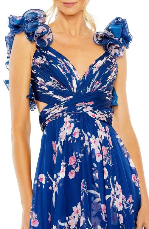 Mac Duggal Ruffle Tiered Floral Cut-out Chiffon Gown - Blue Multi