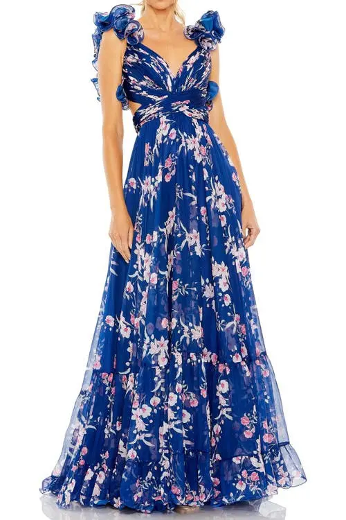 Mac Duggal Ruffle Tiered Floral Cut-out Chiffon Gown - Blue Multi