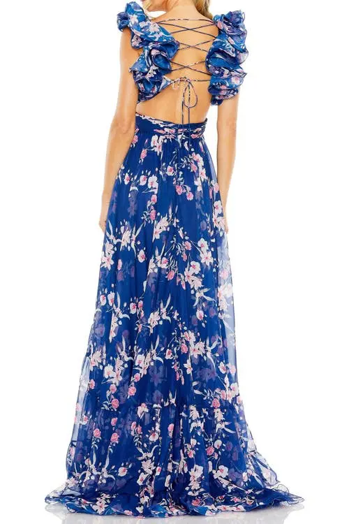 Mac Duggal Ruffle Tiered Floral Cut-out Chiffon Gown - Blue Multi