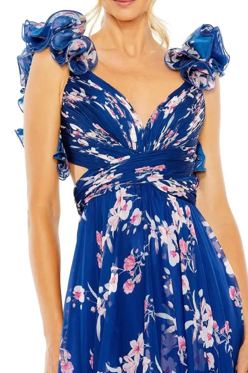 Mac Duggal Ruffle Tiered Floral Cut-out Chiffon Gown - Blue Multi
