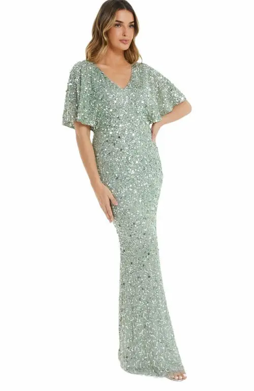 quiz green dress sequin Quiz Sequin Batwing Maxi Dress In Sage - 50% Off