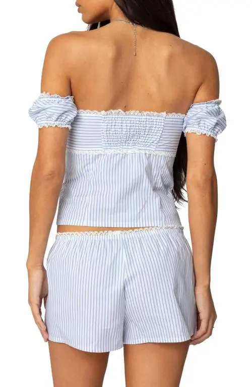 EDIKTED Taryn Stripe Off The Shoulder Top - Light-blue