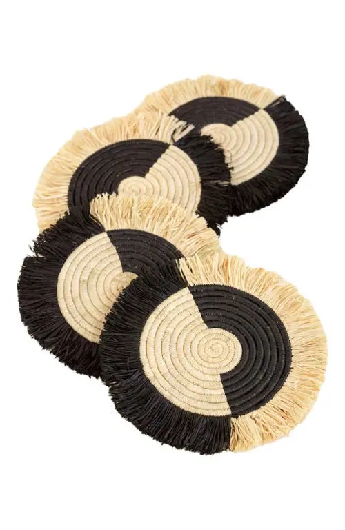 INDEGO AFRICA Two Tone Split Fringe Coastersset Of 4 - Natural And Black