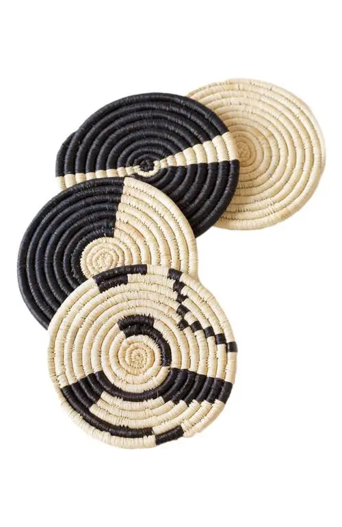 INDEGO AFRICA Natural & Black Mixed Set Of 4 Coasters - Natural And Black