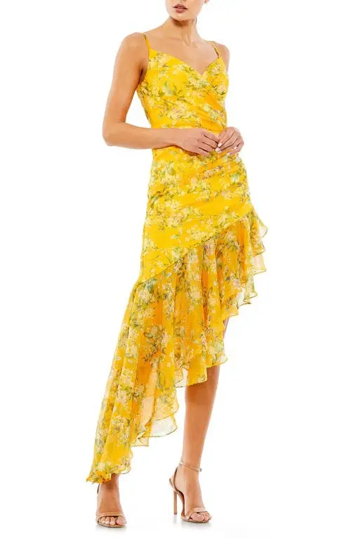 Mac Duggal Floral Ruffle Asymmetrical Hi Low Hem Dress