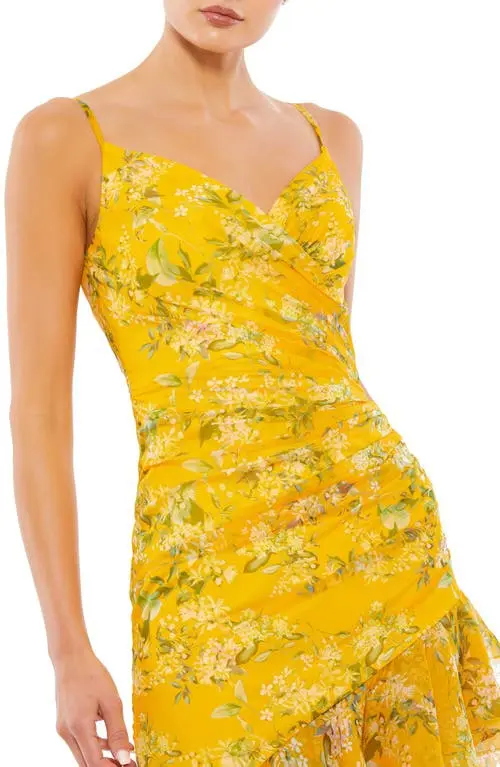 Mac Duggal Floral Ruffle Asymmetrical Hi Low Hem Dress