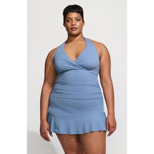 LANDS' END Pique Halter Ruffle Hem Mini Swim Dress - Dusk Sky