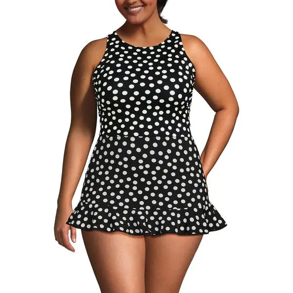 LANDS' END High Neck Racerback Midkini Top - Black/egret White Tossed Dots