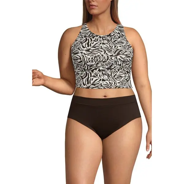 LANDS' END Chlorine Resistant High Neck Racerback Midkini Swimsuit Top - Brown Mini Tropic Leaves