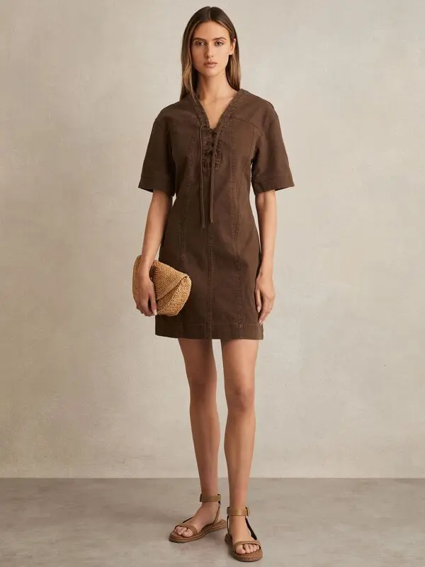 REISS Tia Lace-up Denim Shirt Dress