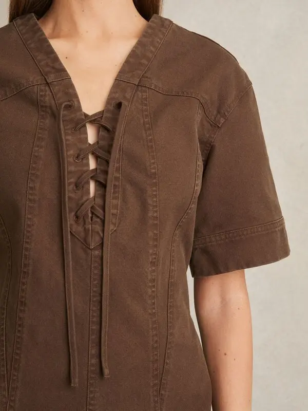 REISS Tia Lace-up Denim Shirt Dress