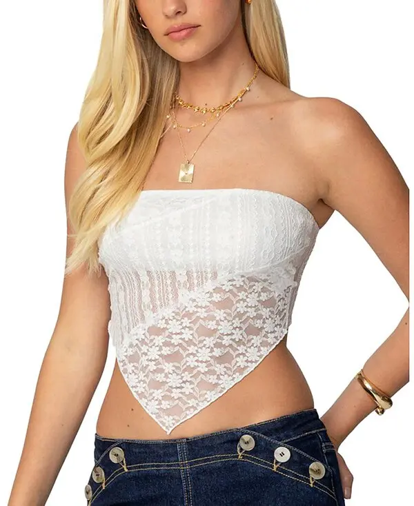 EDIKTED Sheer Lace Handkerchief Top - White