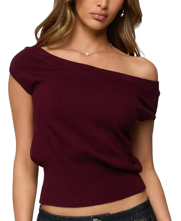 EDIKTED Michaela Off-shoulder Knit Top - Wine