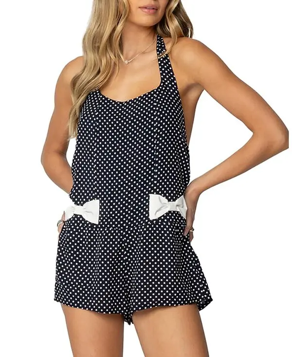 EDIKTED Lena Polka Dot Halter Neck Romper - Navy