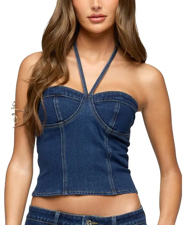 EDIKTED Jagger Denim Halter Top - Dark-blue-washed