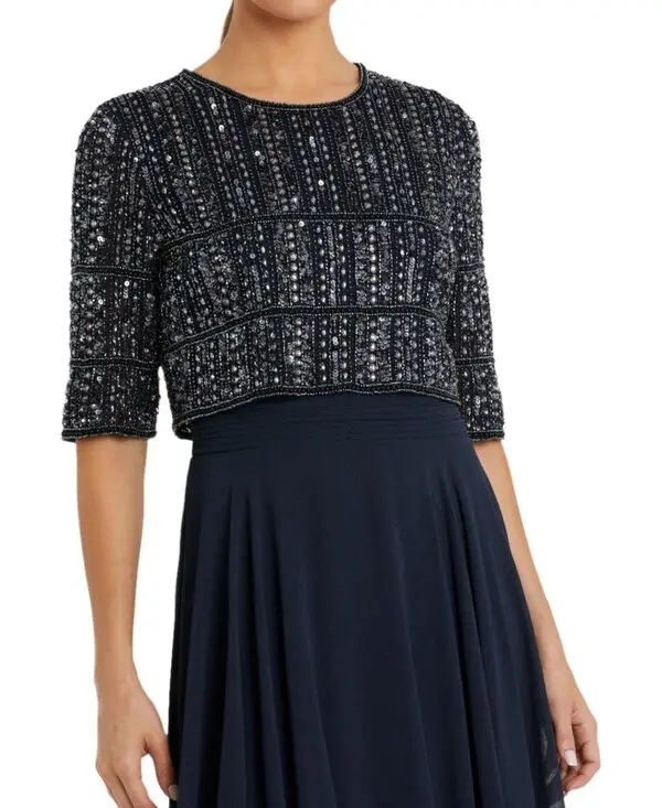 Mac Duggal Beaded 3/4 Sleeve Chiffon Gown - Midnight