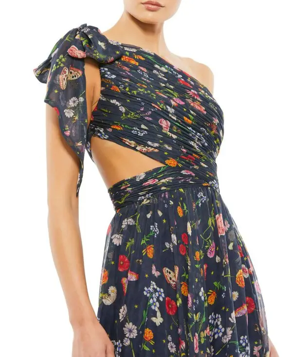 Mac Duggal Tied One-shoulder Cut-out Flowy Gown - Navy Multi