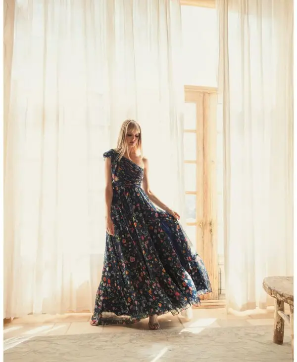 Mac Duggal Tied One-shoulder Cut-out Flowy Gown - Navy Multi