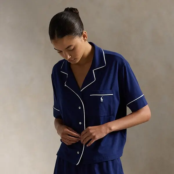 Ralph Lauren Piped Jersey Short-sleeve Pajama Set - Navy