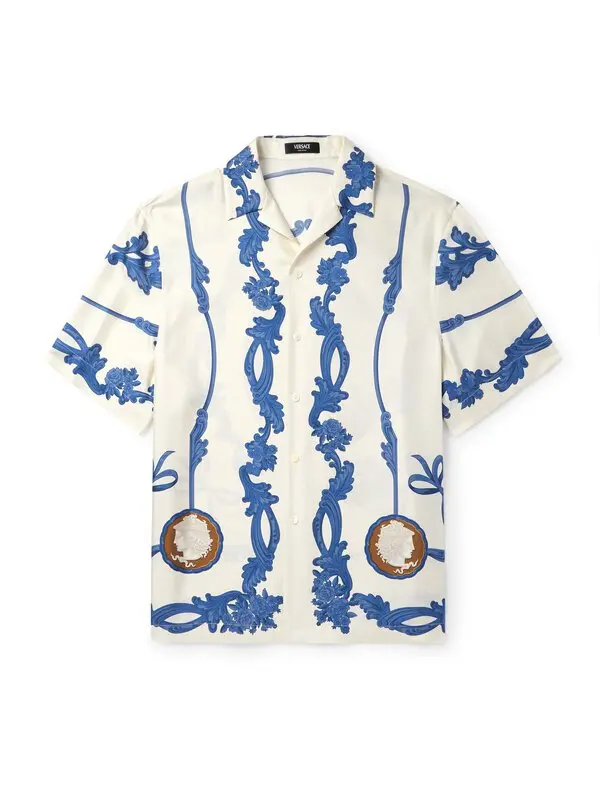 Versace Camp-collar Printed Silk-twill Shirt - Neutrals
