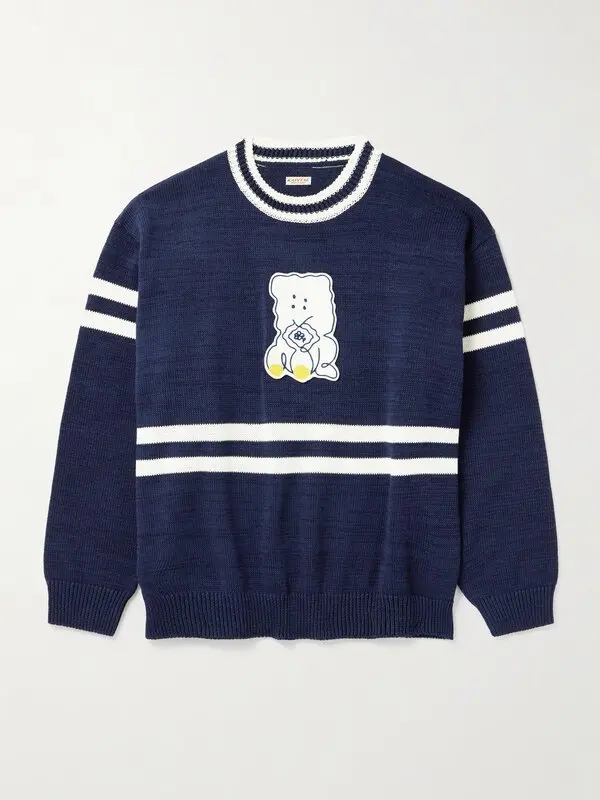 Kapital Peckish Rainbowy Ivy Appliquéd Striped Cotton Sweater
