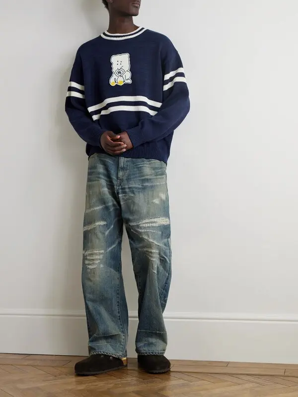 Kapital Peckish Rainbowy Ivy Appliquéd Striped Cotton Sweater