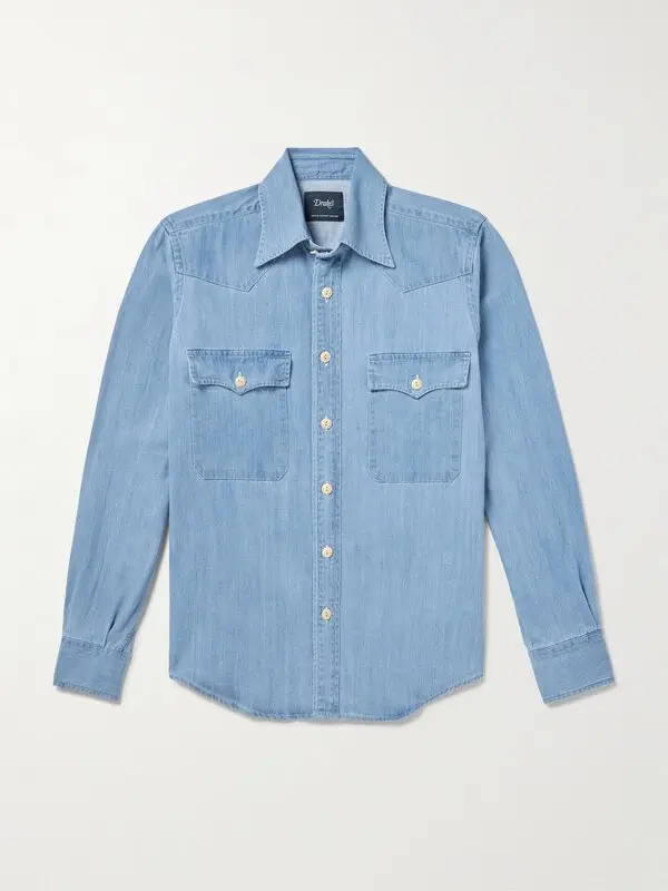DRAKE'S Denim Western Shirt - Blue