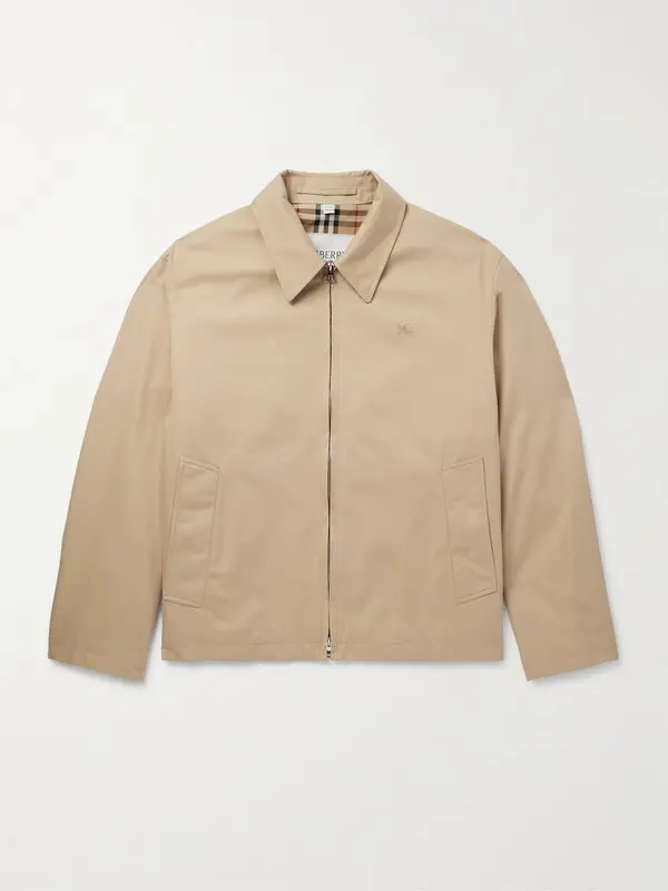 Burberry Logo-embroidered Cotton-gabardine Harrington Jacket - Neutrals