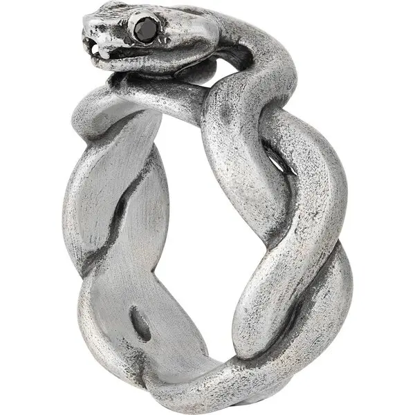John Varvatos Black Diamond Snake Ring - Silver