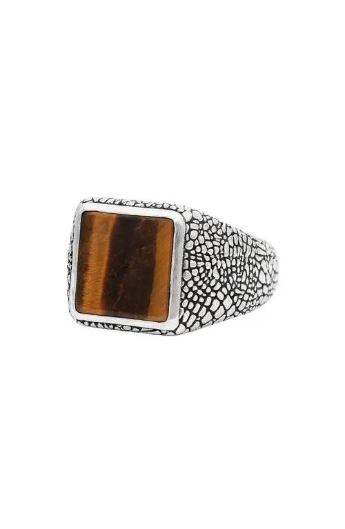 John Varvatos Tiger's Eye Snakeskin Signet Ring - Brown/ Silver