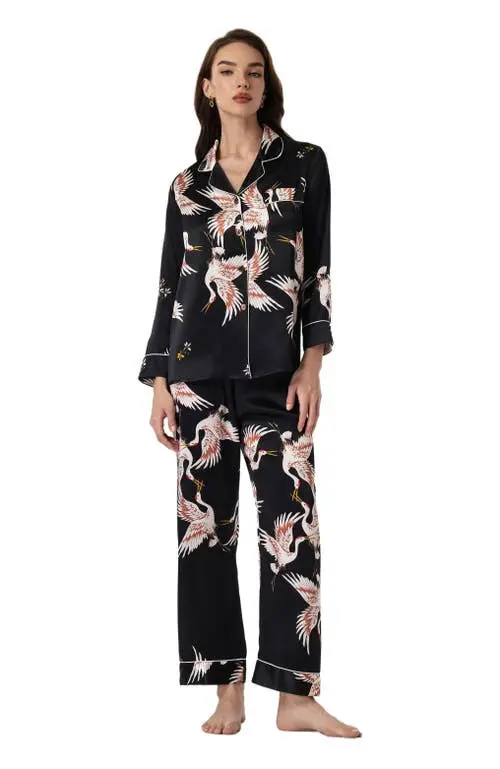 SILKSILKY 19momme Pure Silk Printed Classic Binding Trim Pajama Set - Black
