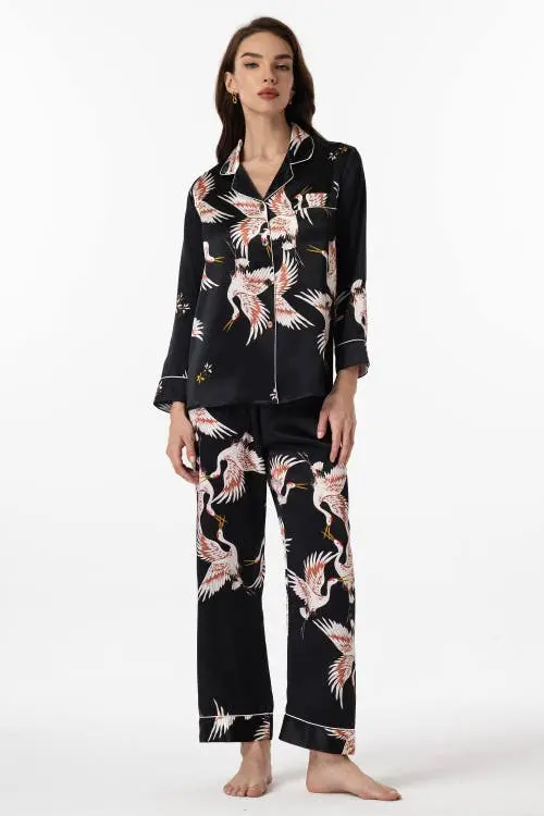 SILKSILKY 19momme Pure Silk Printed Classic Binding Trim Pajama Set - Black