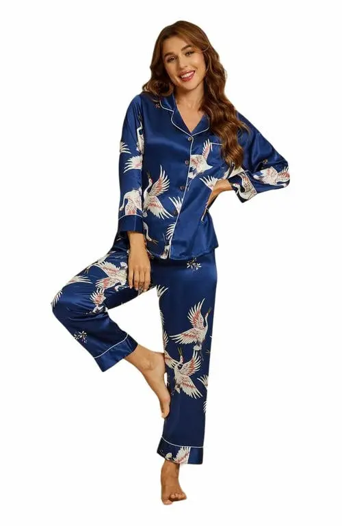 SILKSILKY 19momme Pure Silk Printed Classic Binding Trim Pajama Set - Darkblue