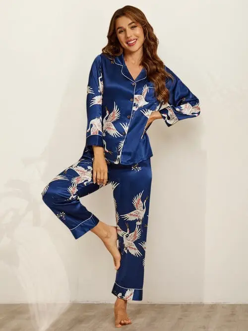 SILKSILKY 19momme Pure Silk Printed Classic Binding Trim Pajama Set - Darkblue