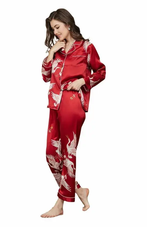 SILKSILKY 19momme Pure Silk Printed Classic Binding Trim Pajama Set - Darkred