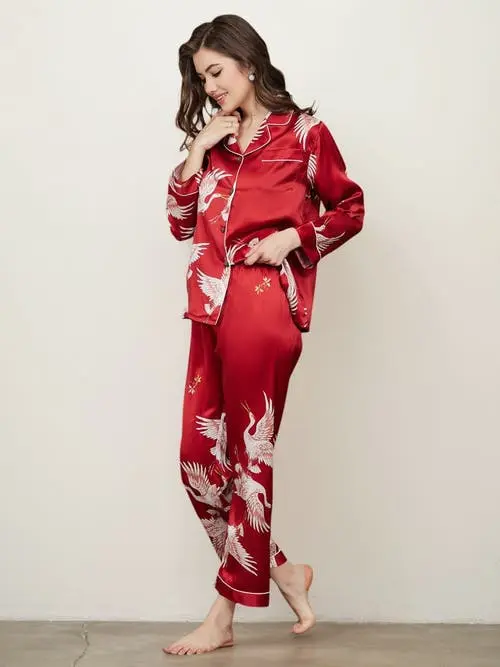 SILKSILKY 19momme Pure Silk Printed Classic Binding Trim Pajama Set - Darkred