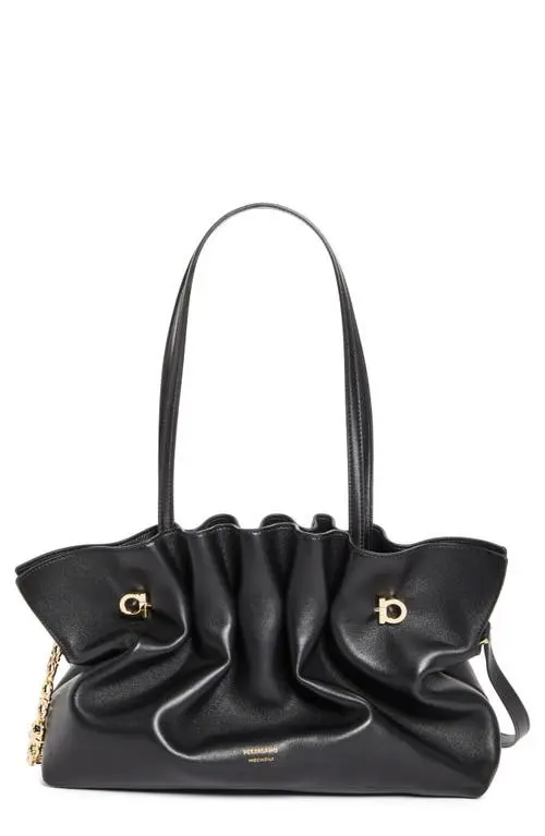 FERRAGAMO Medium Gancio Piercing Soft Leather Shoulder Bag - Nero