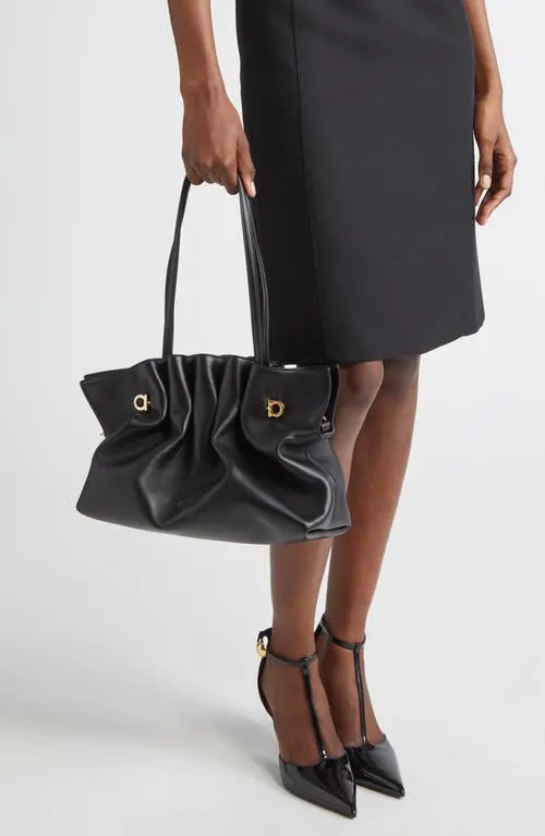 FERRAGAMO Medium Gancio Piercing Soft Leather Shoulder Bag - Nero