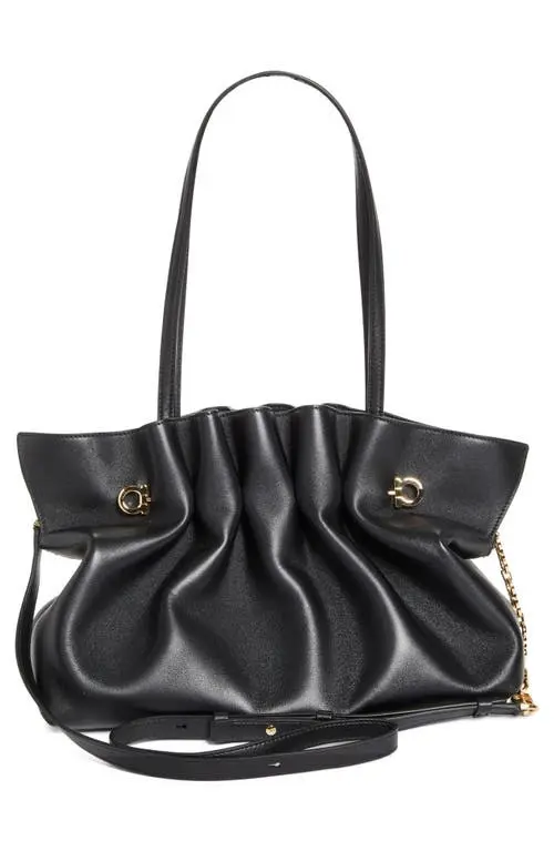 FERRAGAMO Medium Gancio Piercing Soft Leather Shoulder Bag - Nero