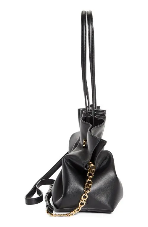 FERRAGAMO Medium Gancio Piercing Soft Leather Shoulder Bag - Nero